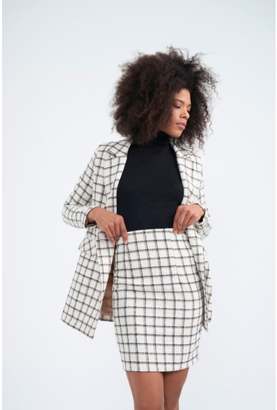 Sateen Ekose Desenli Etek - Bej