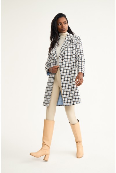 Sateen Kazayağı Desenli Kaban - Mavi