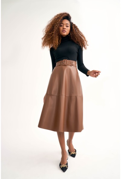 Sateen Kemerli Kloş Deri Etek - Kahve