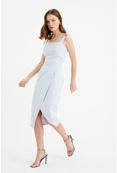 Sateen Yırtmaçlı Kalem Etek - Mavi Sateen Yırtmaçlı Kalem Etek - Mavi