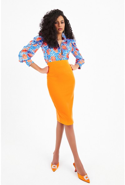 Sateen Düz Kalem Etek - Oranj