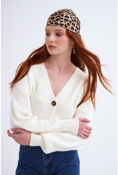 Sateen Düğmeli Salaş Hırka - Ekru