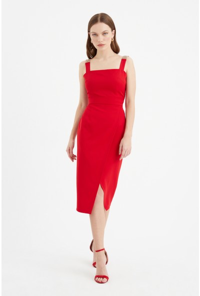 Sateen Yırtmaçlı Kalem Etek - Kırmızı