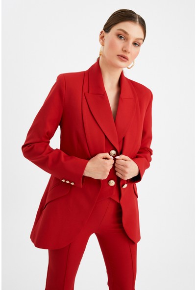 Sateen Düğme Detaylı Ceket - Kırmızı