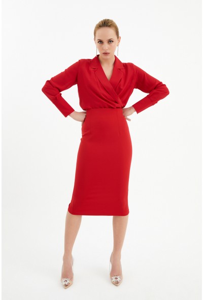 Sateen Düz Kalem Etek - Kırmızı