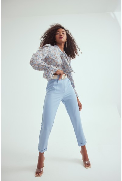 Sateen Kemerli Duble Paça Pantolon - Mavi