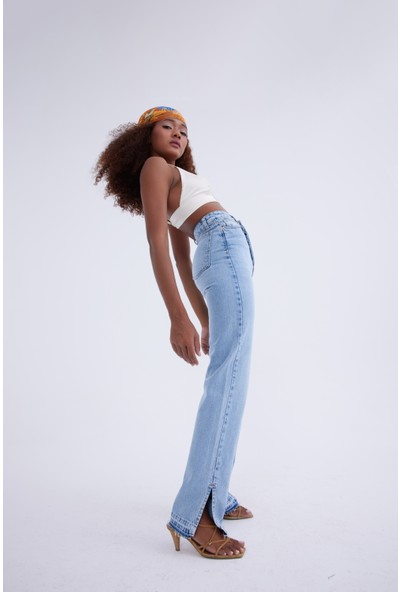 Sateen Paça Detaylı Straight Wide Leg Jeans - Mavi