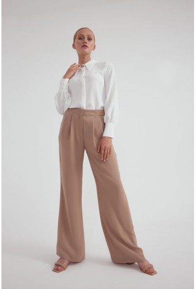 Sateen Palazzo Krep Pantolon - Bej