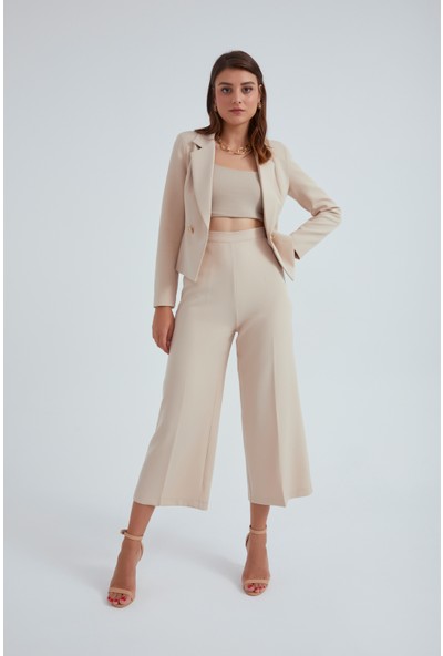 Sateen Geniş Paça Krep Pantolon - Taş