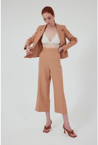 Sateen Geniş Paça Krep Pantolon - Camel