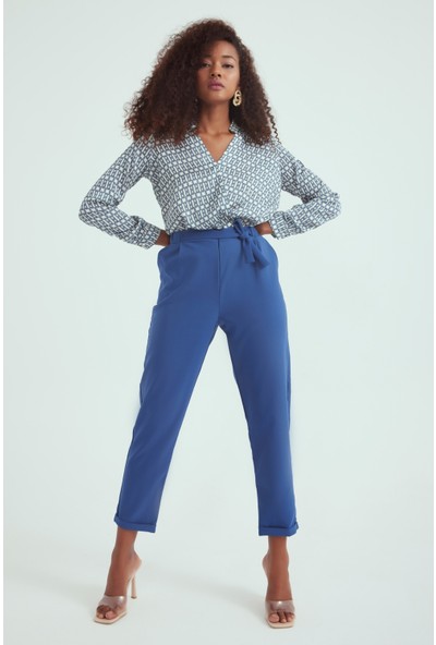 Sateen Duble Paça Havuç Pantolon - Koyu Indıgo