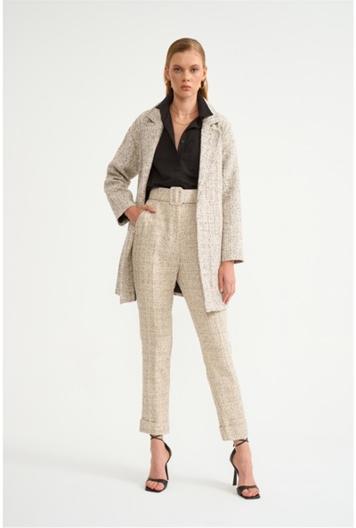 Sateen Yüksek Bel Kemerli Pantolon - Siyah