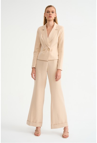 Sateen Yüksek Bel Düğme Detaylı Pantolon - Taş