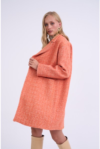 Sateen Kırçıllı Cep Detaylı Buklet Kaban - Oranj