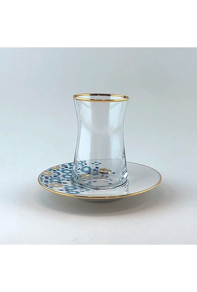 Elia Petra 12 Parça Gold Çay Seti Porselen Tabaklı Cam Bardaklı Elia Petra 12 Parça Gold Çay Seti Porselen Tabaklı Cam Bardaklı