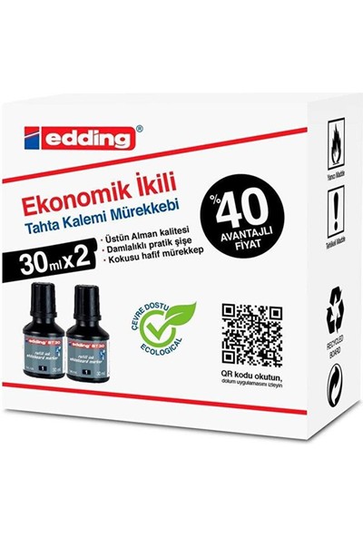 Edding BT30 Tahta Kalemi Mürekkebi 2'li Paket Siyah Edding BT30 Tahta Kalemi Mürekkebi 2'li Paket Siyah