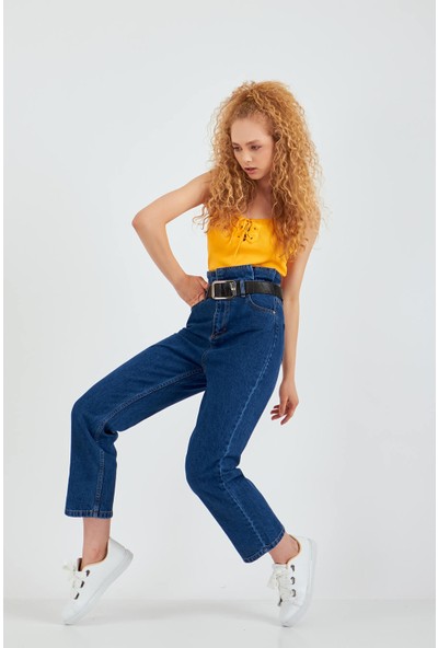 Coral Kemerli Bel Detaylı Pantolon Orjinal Mavi