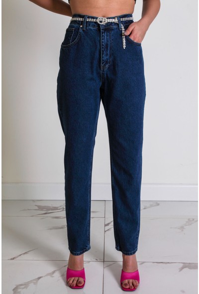 Coral Geniş Cepli Yüksek Bel Kot Pantolon Koyu Mavi