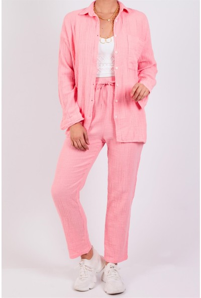 Coral Piliseli Gömlekli Takım Pembe Coral Piliseli Gömlekli Takım Pembe