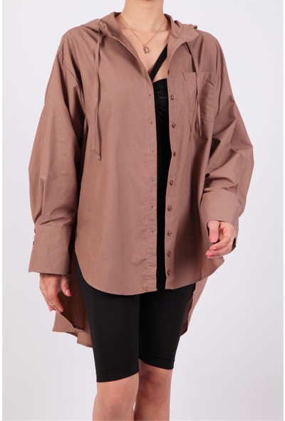 Coral Tek Cepli Kapüşonlu Geniş Gömlek Sütlü Kahve