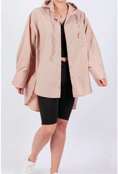 Coral Tek Cepli Kapüşonlu Geniş Gömlek Bej