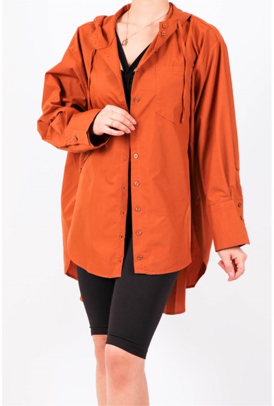 Coral Tek Cepli Kapüşonlu Geniş Gömlek Kiremit Coral Tek Cepli Kapüşonlu Geniş Gömlek Kiremit