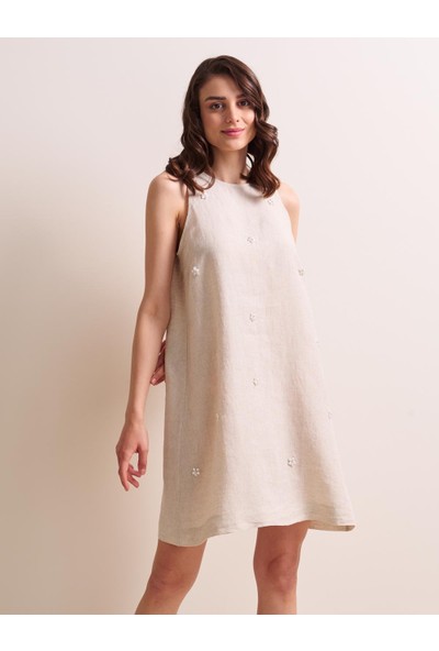 Jimmy Key Kadın Bej Düz Kesim Bisiklet Yaka Kolsuz Desenli Keten Elbise Jimmy Key Kadın Bej Düz Kesim Bisiklet Yaka Kolsuz Desenli Keten Elbise