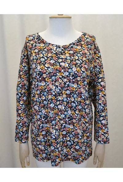 Kadın Uzun Kollu Yuvarlak Yaka Renkli Sarı Çiçek Desenli Büyük Beden Tesettür Siyah Bluz
