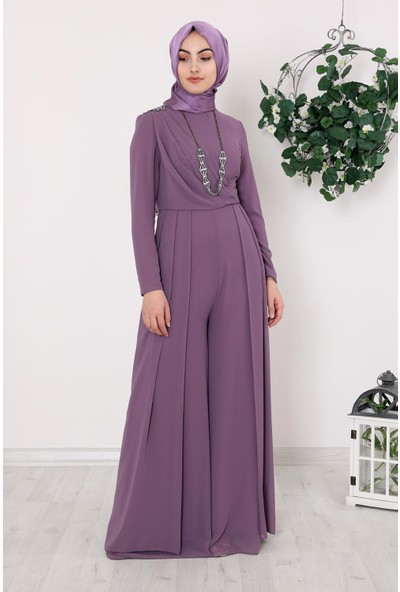 Le Queen Nisaca Krep Arkası Şifon Kapamalı Şık Tulum Gül Kurusu Le Queen Nisaca Krep Arkası Şifon Kapamalı Şık Tulum Gül Kurusu