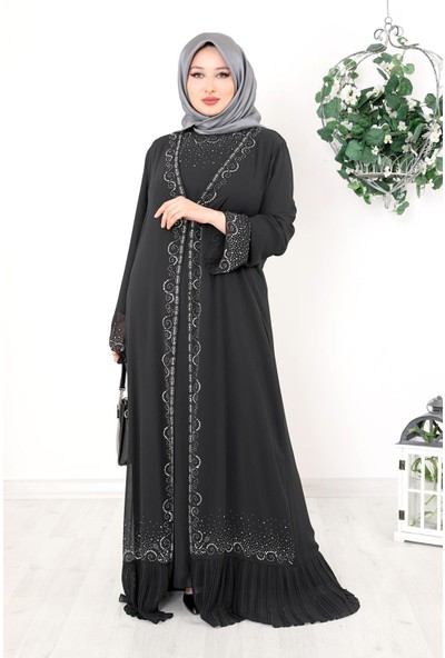 Nisaca Şifon Kol Yaka Önü Taşlı Eteği Plise Abiye Siyah