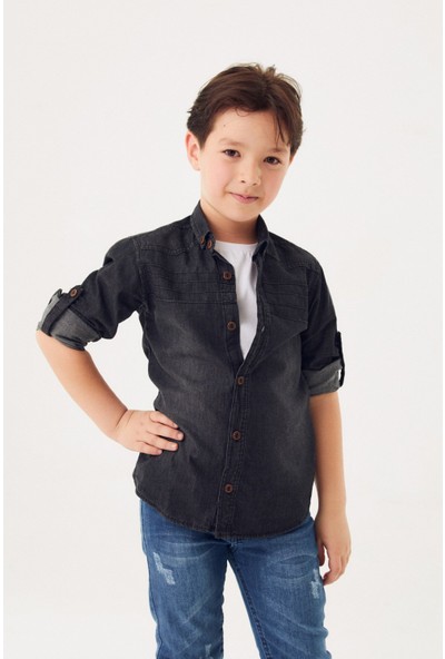 FullaModa Kolu Katlamalı Çocuk Kot Gömlek
