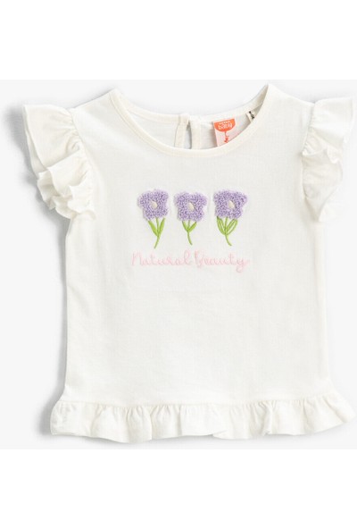 Koton Nakışlı Tişört Fırfırlı Kollu Bisiklet Yaka Pamuklu