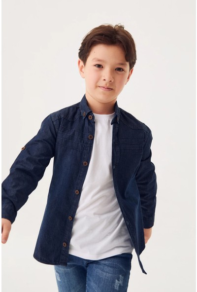 FullaModa Kolu Katlamalı Çocuk Kot Gömlek