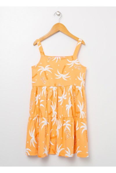 Barbie 22BS-122 Bisiklet Yaka Standart Kalıp Desenli Turuncu Kız Çocuk Elbise