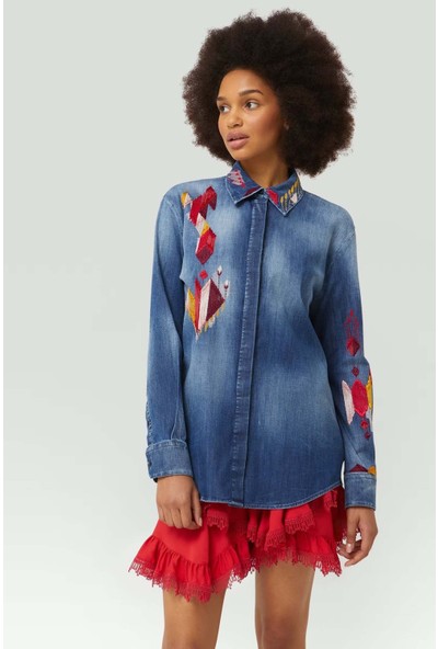 Dondup Renkli Nakışlı Denim Gömlek