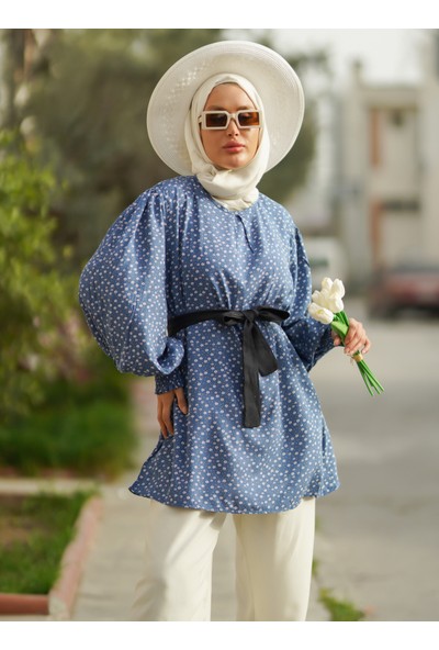 Por La Cara Küçük Papatya Desenli Kuşaklı Viskon Tunik - Indigo - Por La Cara