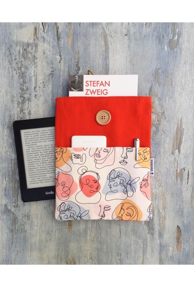Kitap Kılıfı / Kitap Çantası , Kadın Yüzler Turuncu