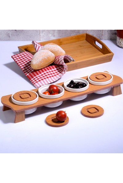 Üzüm Yaprağı Ahşap 4'lü Kahvaltılık Sunum Tabağı