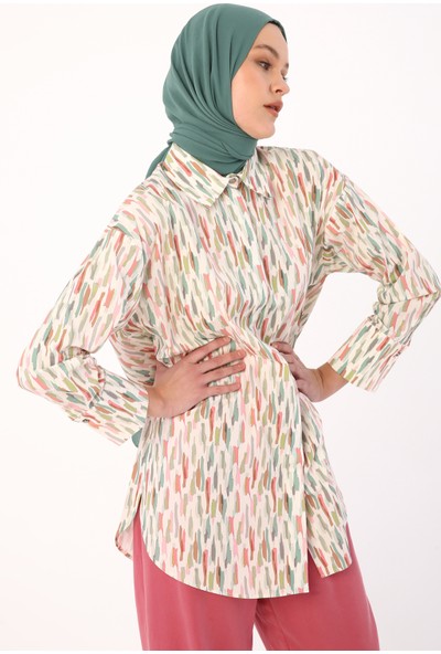 Desenli Gizli Patlı Gömlek Tunik