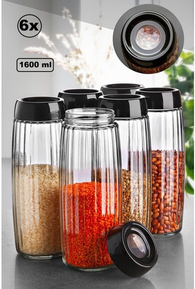 Qlüx 6'lı Cam Çizgili Kavanoz Siyah Kapaklı Büyük Boy Kavanoz