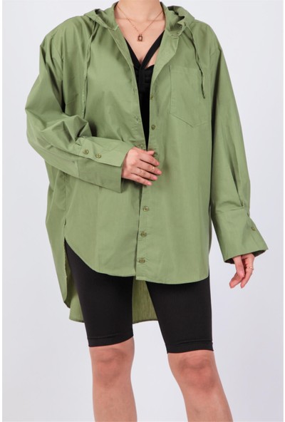 Coral Tek Cepli Kapüşonlu Geniş Gömlek Haki