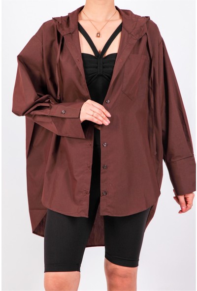Coral Tek Cepli Kapüşonlu Geniş Gömlek Koyu Kahve