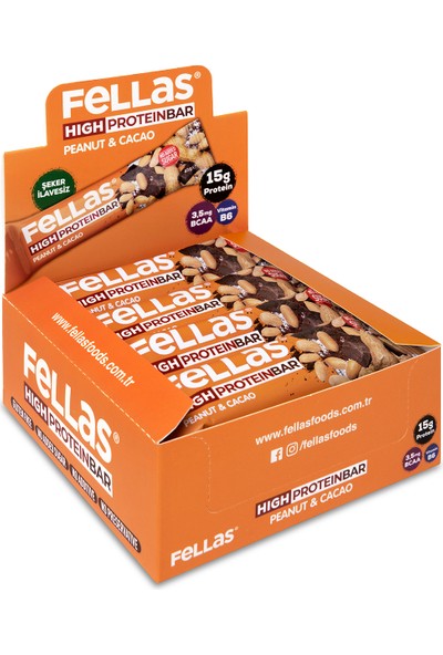 Fellas Yüksek Protein Bar - Yer Fıstığı ve Kakaolu 45 gr x 12 Adet