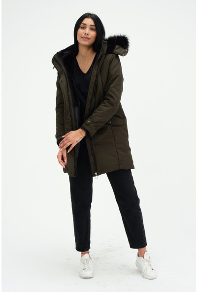 Pique Kadın Kaban Kadın Çıkabilir Kapüşonlu Kürk Astarlı Uzun Kaban
