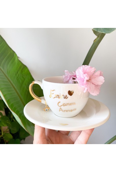 Mug Tasarım 24K Altın Yaldızlı Göz Küpeli Porselen Nescafe Fincanı - Canım Annem
