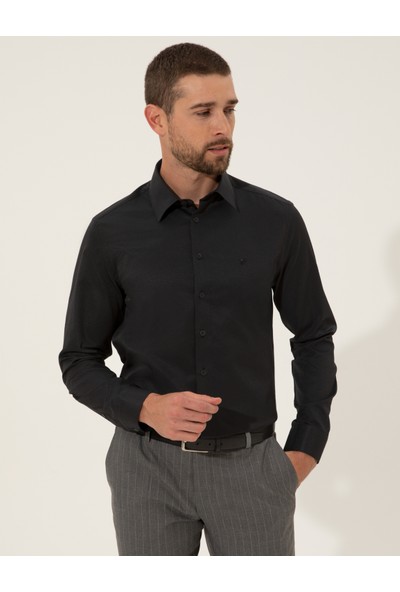 Pierre Cardin Siyah Slim Fit Armürlü Gömlek 50255262-VR046