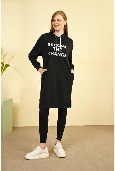 Nefise 21507-KAPÜŞONLU Uzun Sweatshirt - Siyah