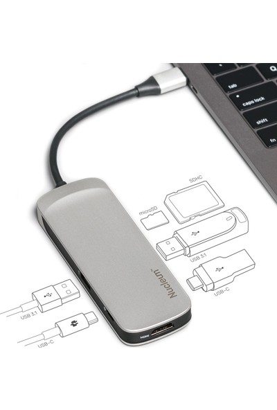 Kingston Nucleum Macbook HDMI+ USB 3.1 + USB-C + MicroSD + USB 3.1 + USB-C Apple Dönüştürücü (C-HUBC1-SR-EN)
