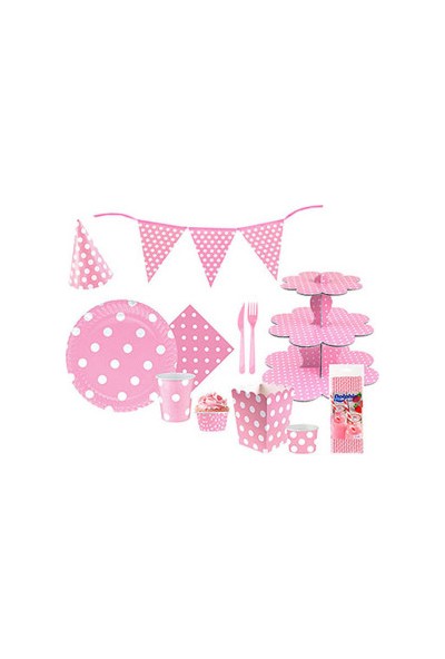 Roll-Up Pembe Puantiyeli Parti Seti 24 Kişilik