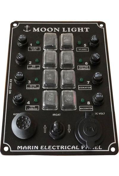 Moon Light MD 6008 XX Korna Butonlu Irgat Switch'li Çakmalkı 8'lı Dikey Switch Panel Moon Light MD 6008 XX Korna Butonlu Irgat Switch'li Çakmalkı 8'lı Dikey Switch Panel